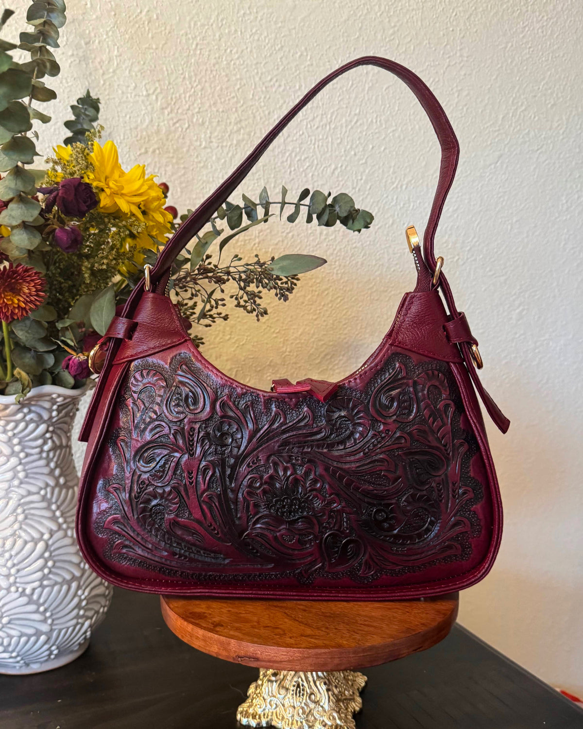Gemma Cincelado Shoulder Bag | Cherry Mocha | Mirasol Accessories